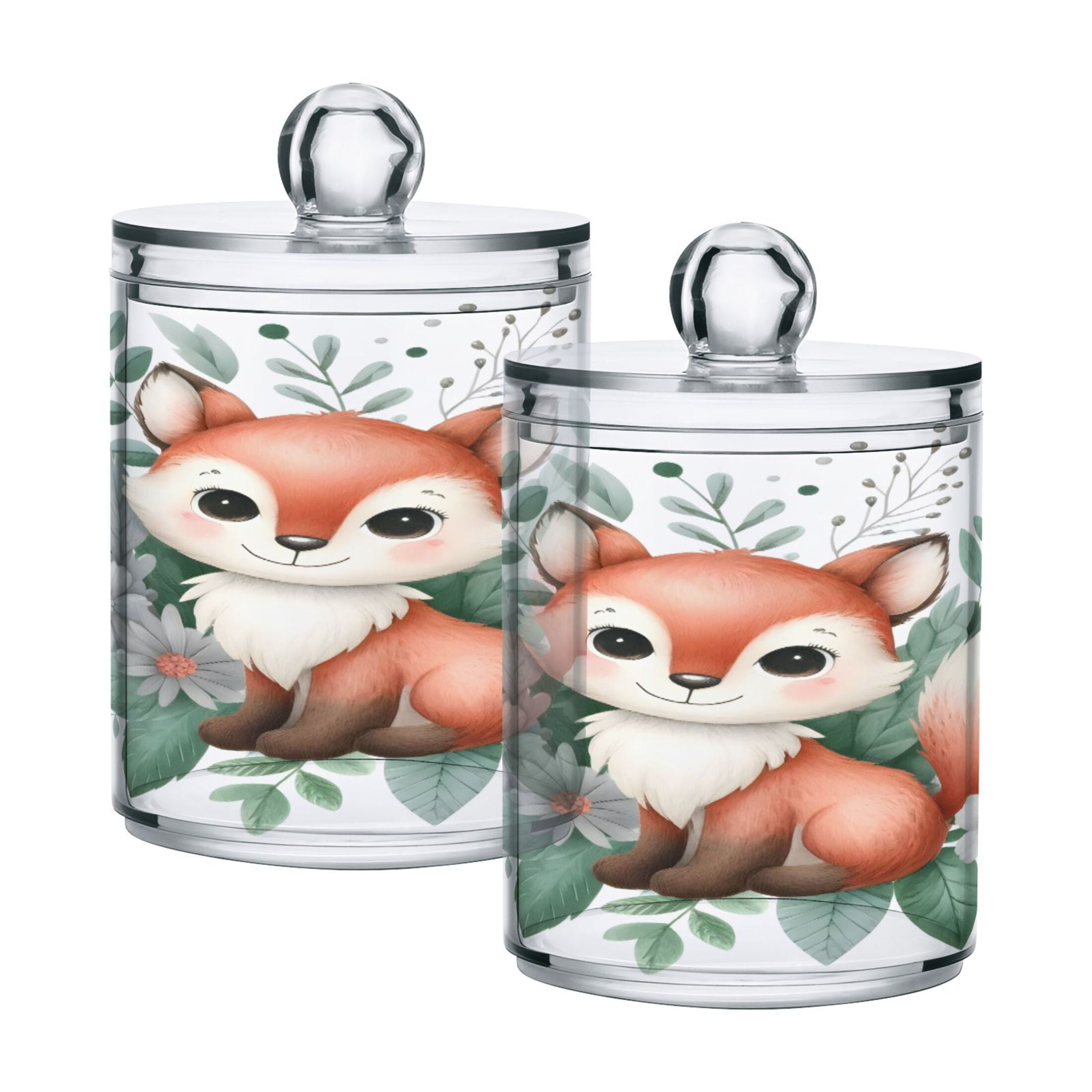 2 Pack Cute Fox in Floral Bouquet Qtip Holder Dispenser Clear Plastic ...