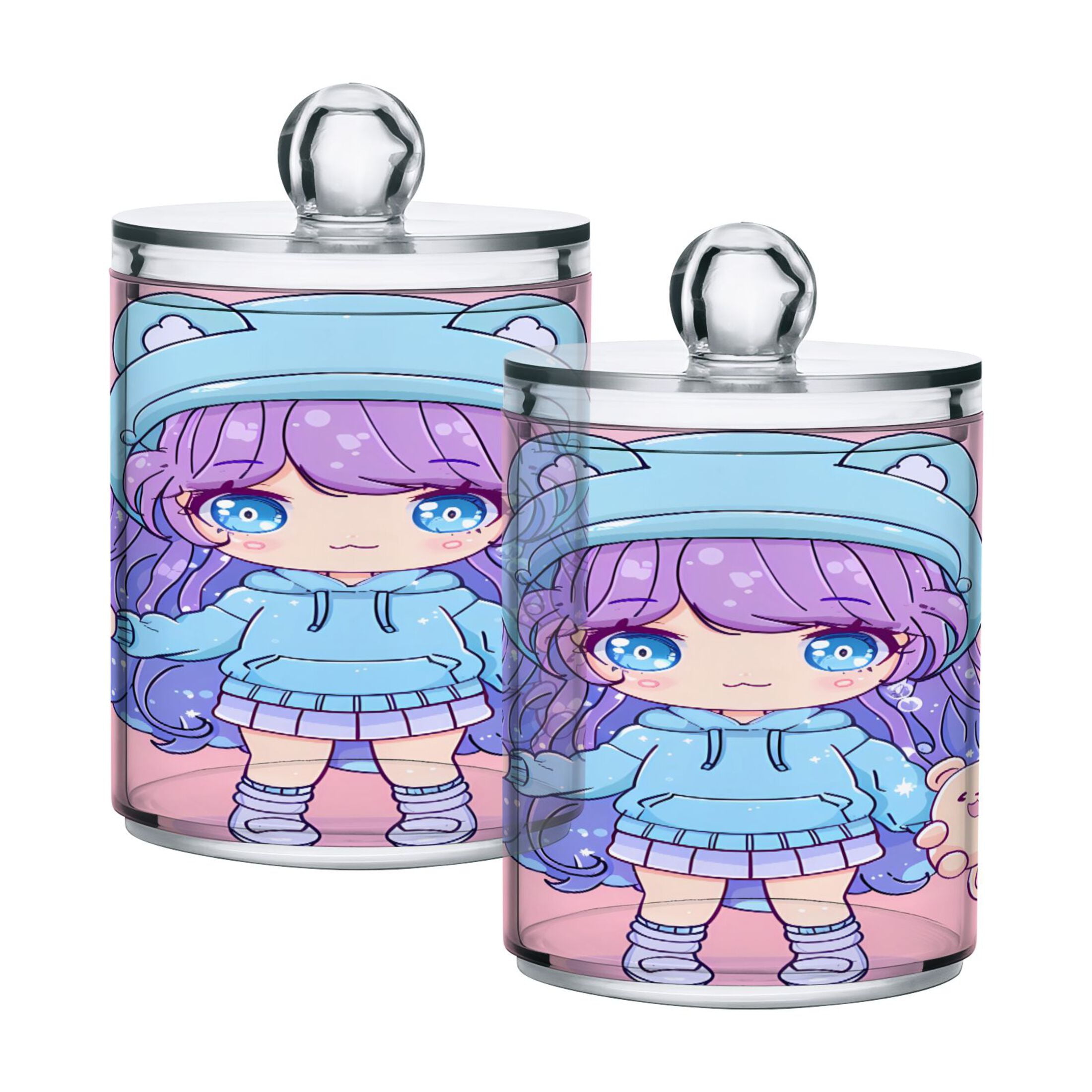 2 Pack Cute Girl Holding Bear Qtip Holder Dispenser Clear Plastic ...