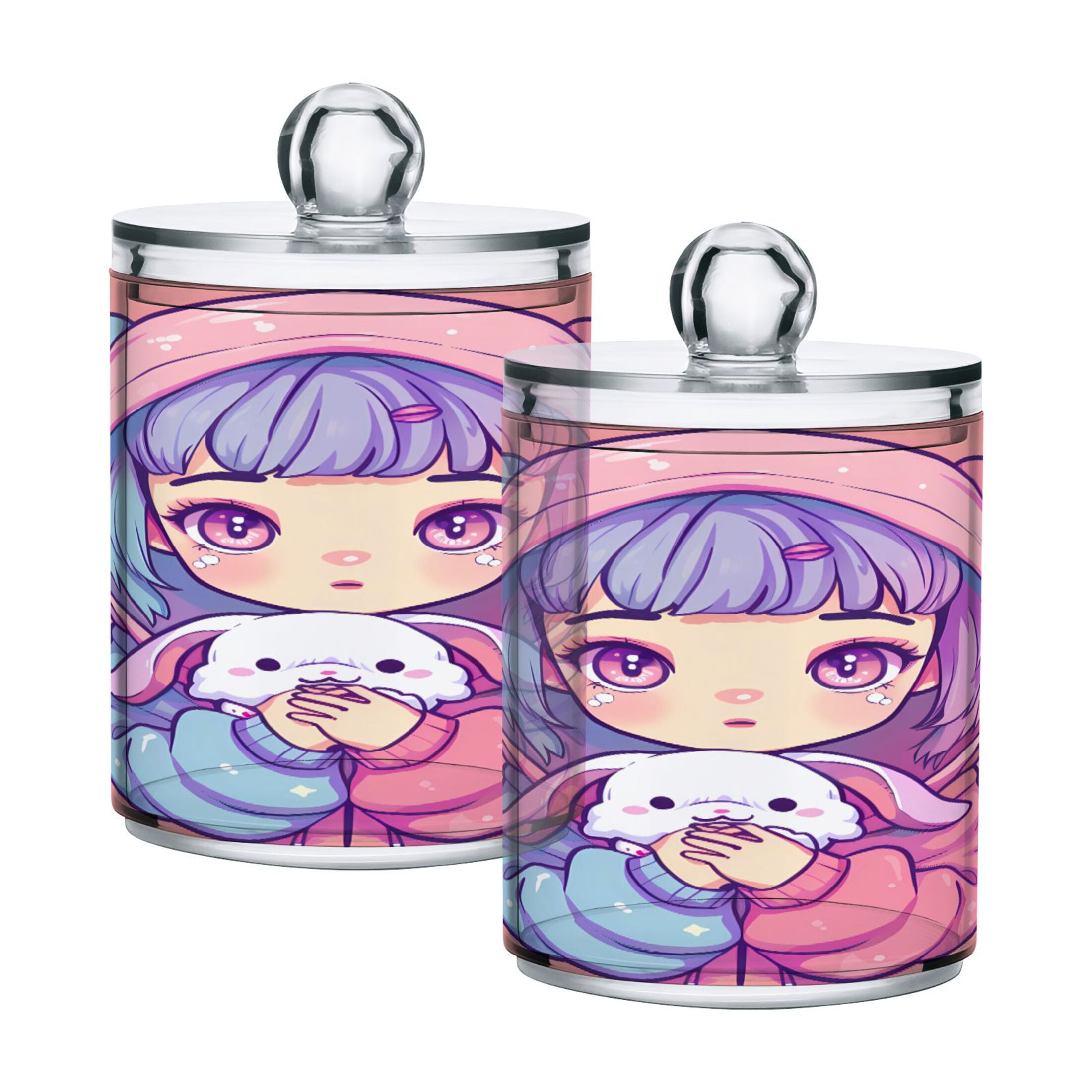 2 Pack Cute Girl Holding Bunny Qtip Holder Dispenser Clear Plastic ...