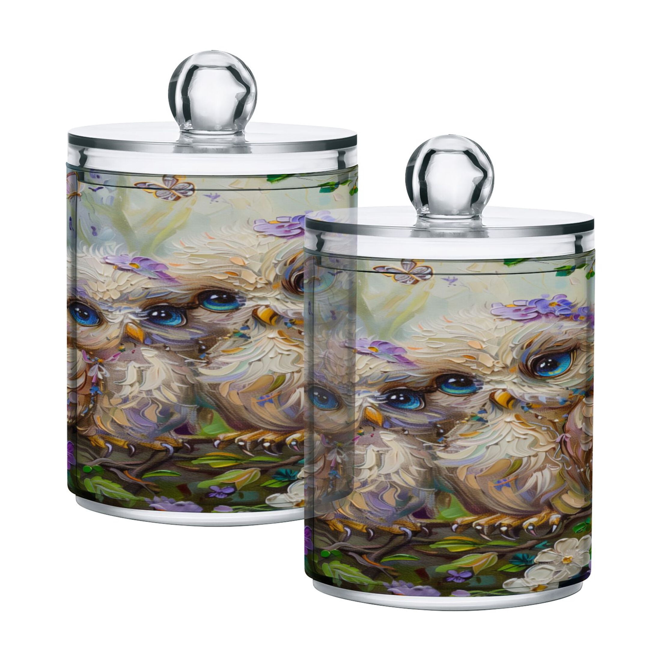 2 Pack Cute Owls in Forest Qtip Holder Dispenser Clear Plastic Storage ...