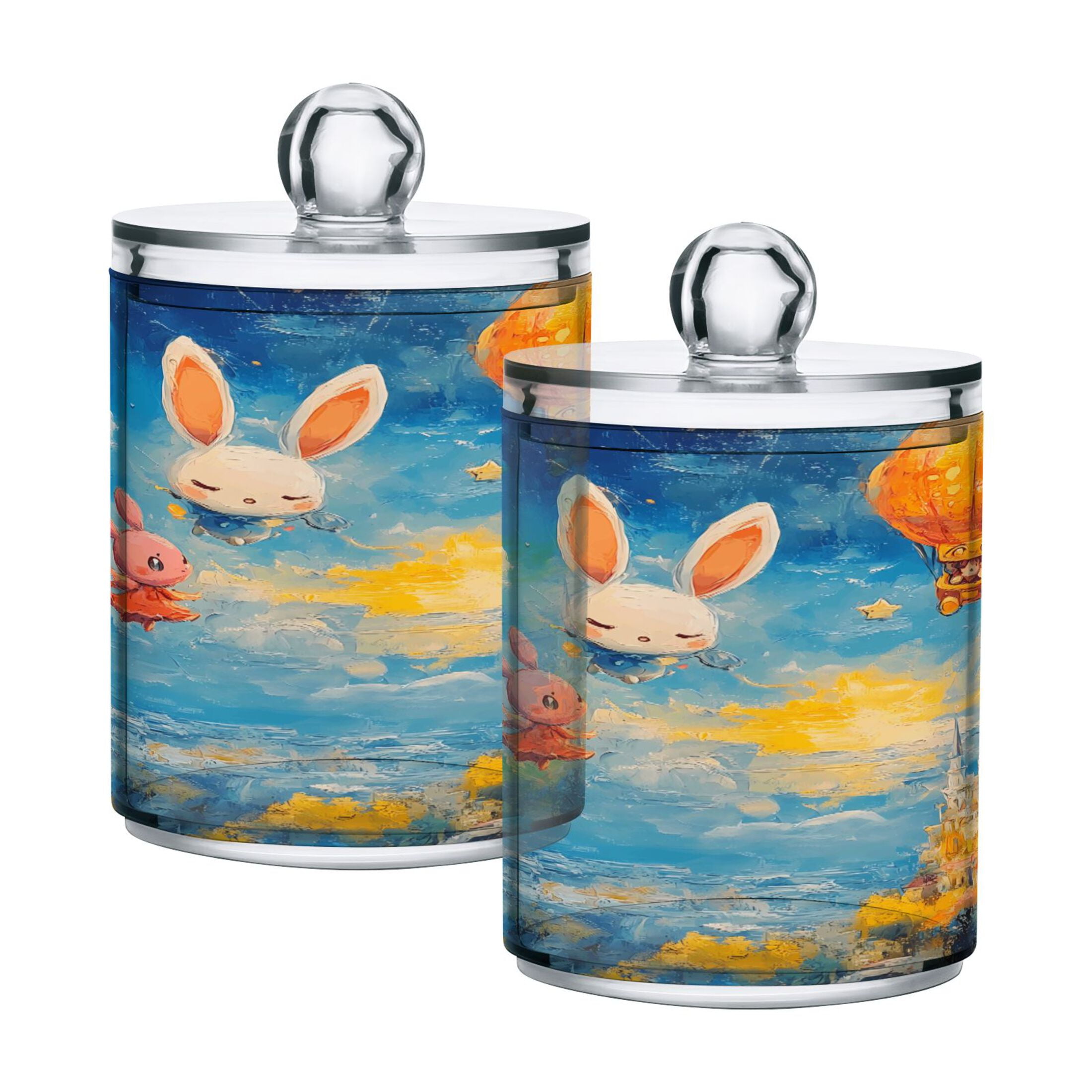 2 Pack Cute Rabbits Flying Qtip Holder Dispenser Clear Plastic Storage ...