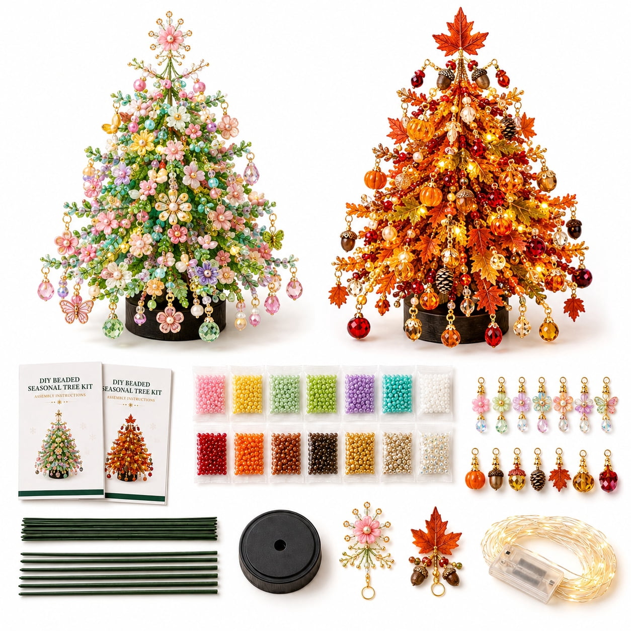 2 Pack DIY Beaded Seasonal Tree Craft Kits with Lights, Tabletop Decor ...
