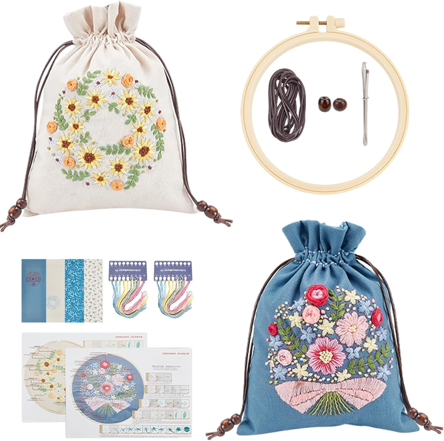 2 Pack DIY Embroidery Drawstring Bag Kits with Flower Patterns ...