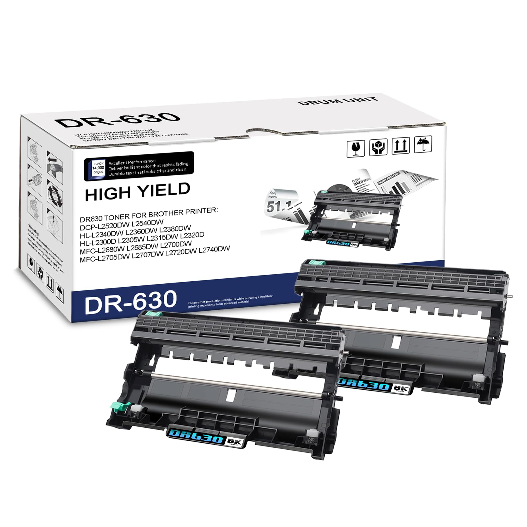 2-Pack DR630 High Yield Black Drum Unit, Replacement for Brother HL ...