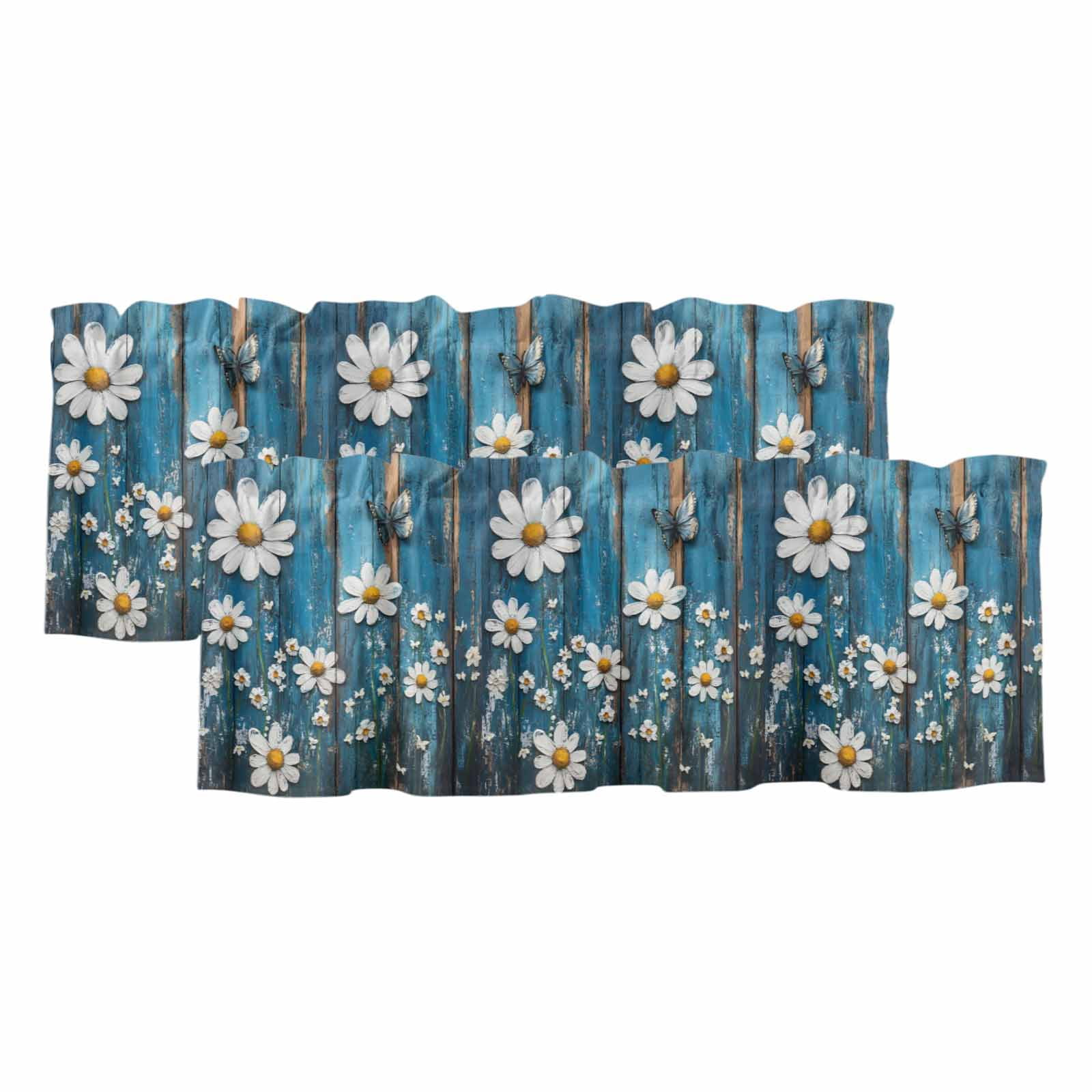 2 Pack Daisy Flower Valance for Window Rustic Blue Wood Grain Pastoral ...