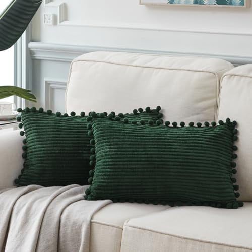 2 Pack Dark Green Lumbar Decorative Throw Pillow Covers 12x20 Inch with ...
