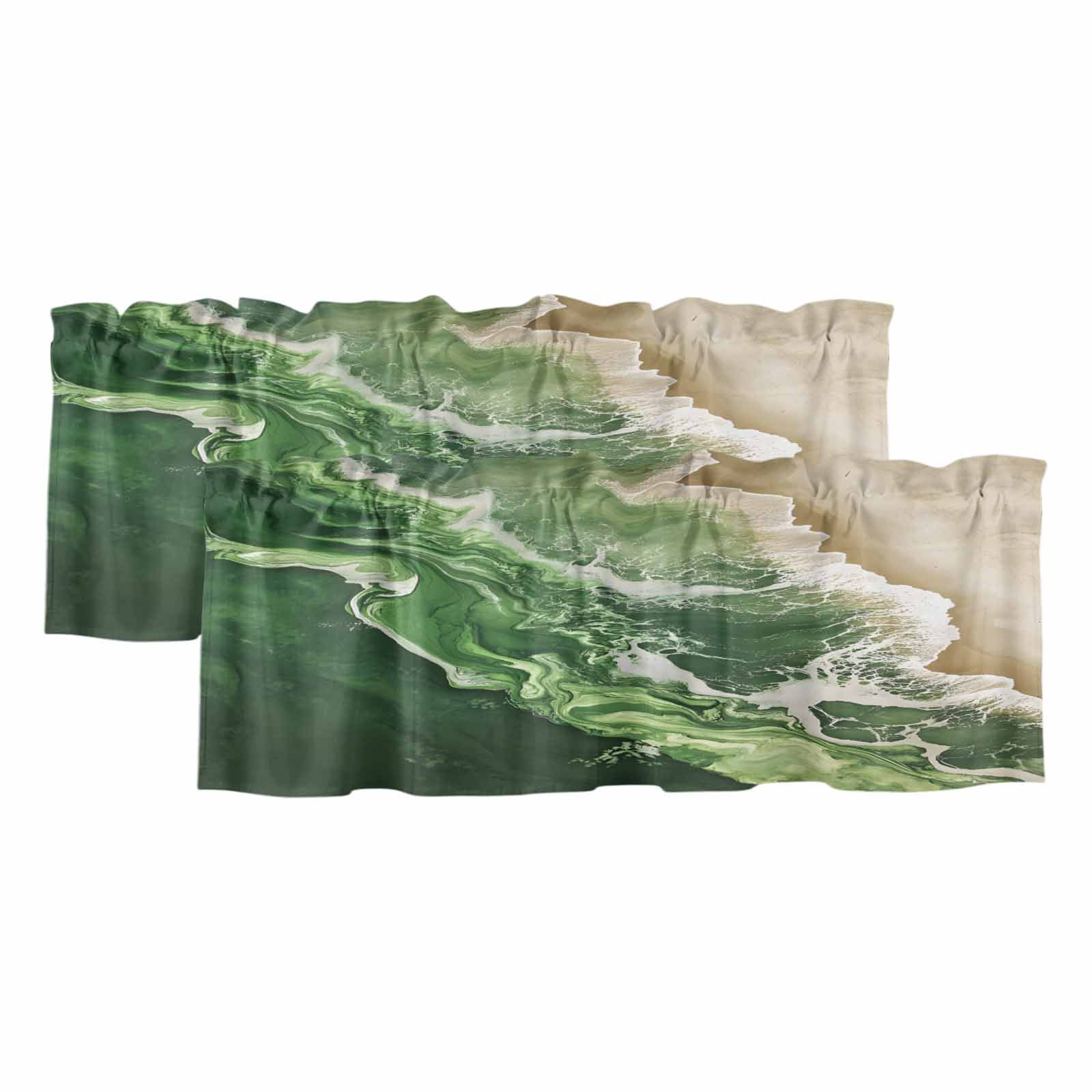 2 Pack Dark Green Valance for Window Beige Gradient Ocean Wave Abstract ...