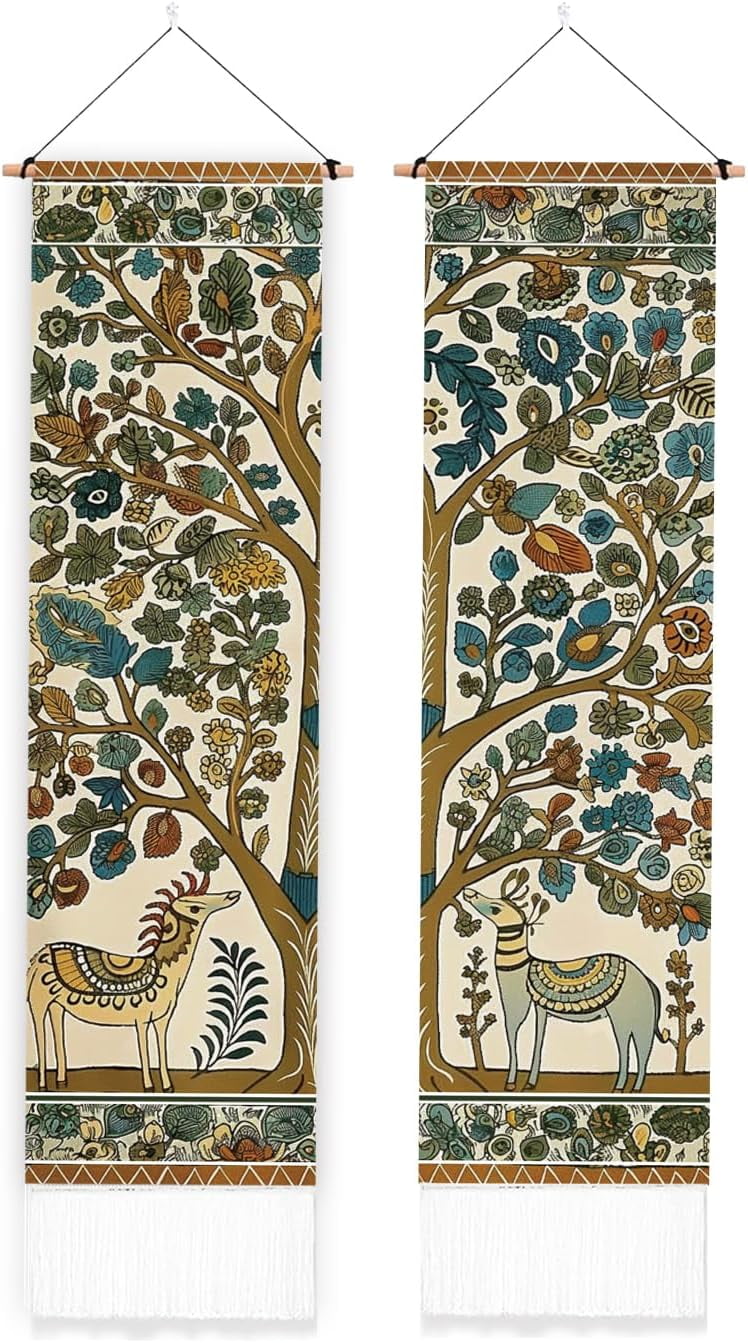 2 Pack Deer and Tree Vertical Tapestry Folk Art Style Wall Tapestry ...