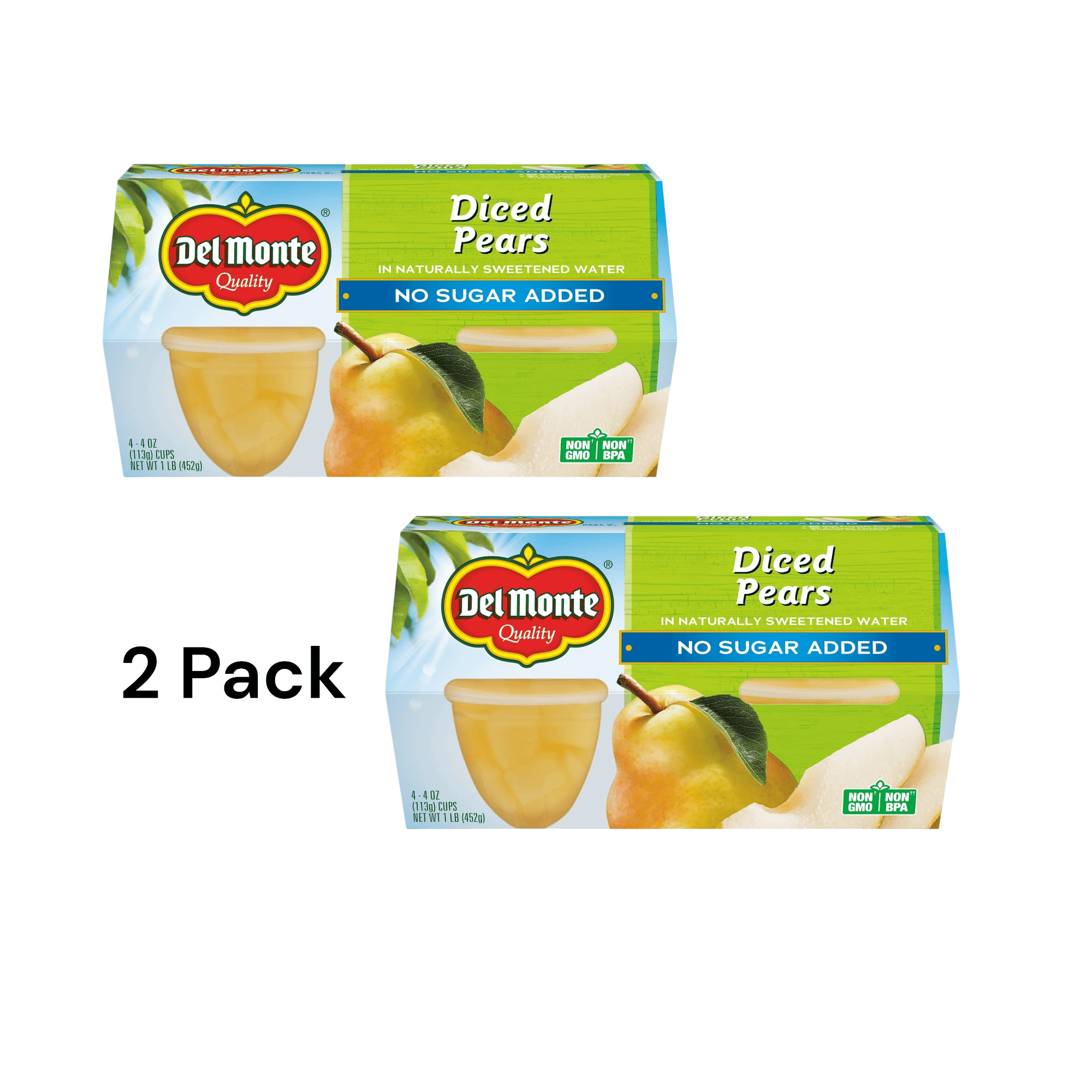 Del Monte Diced Pears Fruit Cup Snacks, No Sugar Added, 2 Pack, 4 oz ...