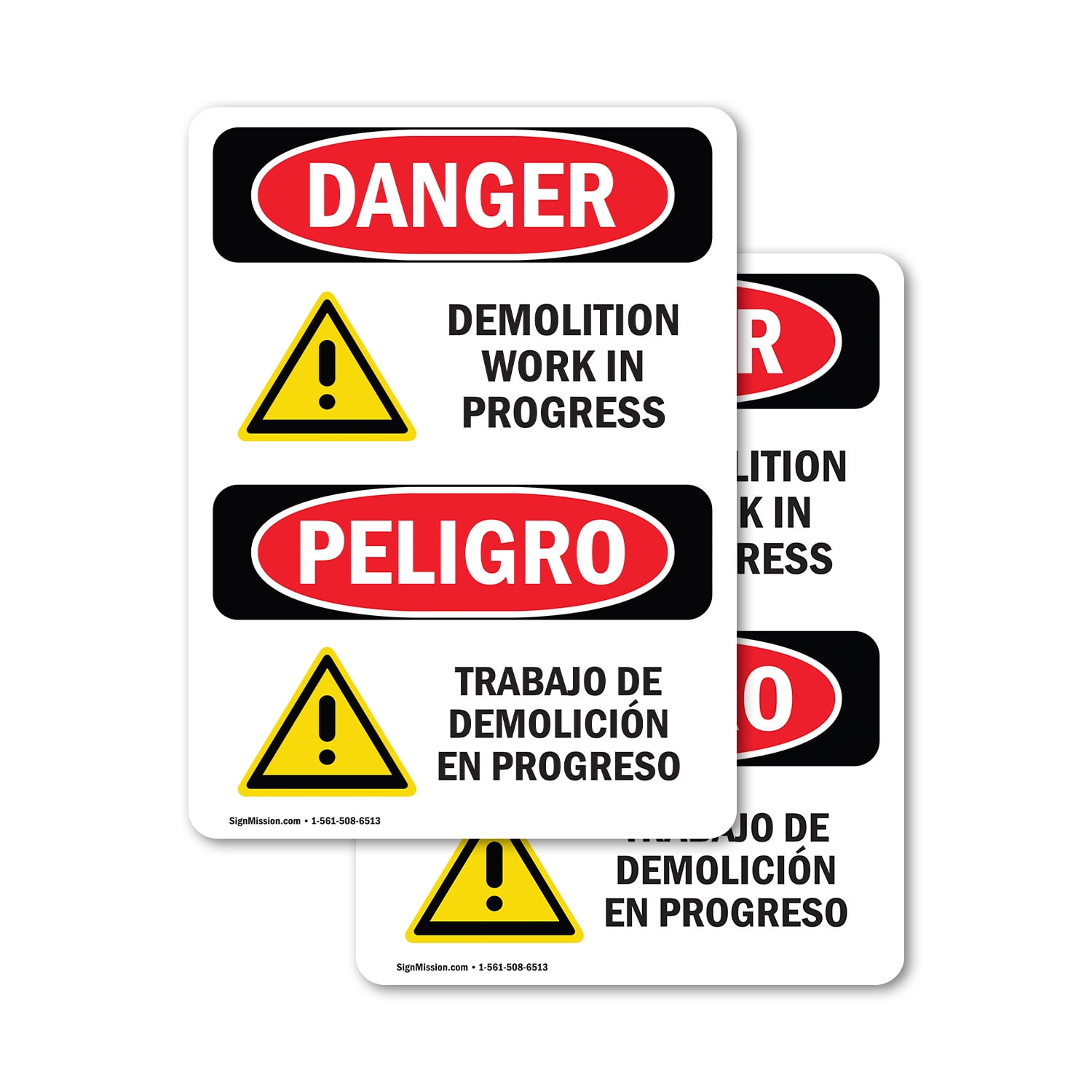 (2 Pack) Demolition Work In Progress Bilingual OSHA Danger Sign ...