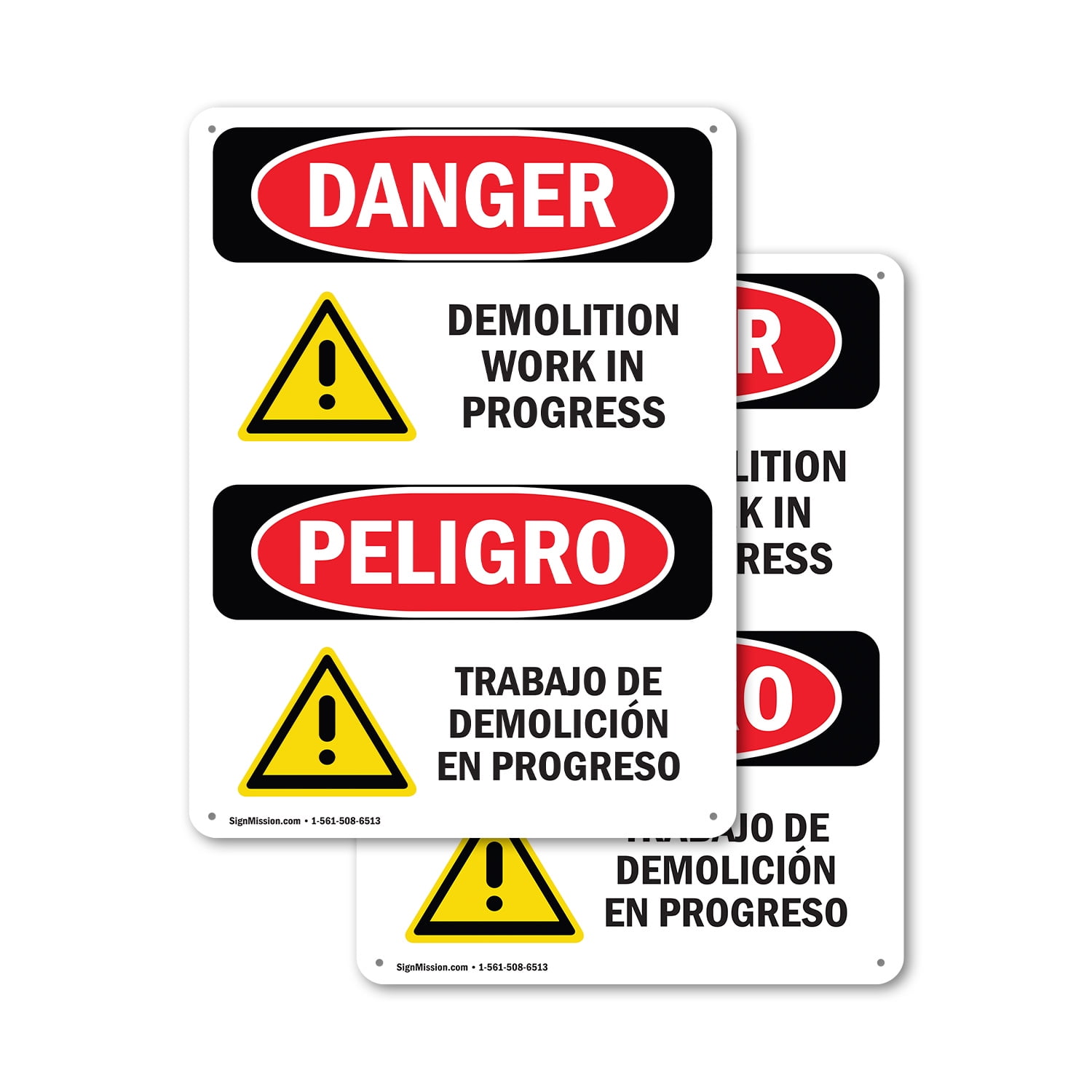 (2 Pack) Demolition Work In Progress Bilingual OSHA Danger Sign 18 Inch ...