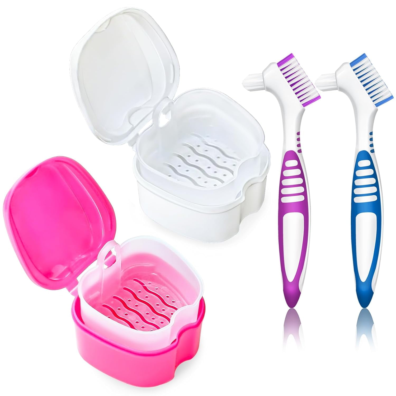 2 Pack Denture Cup Denture Bath Holder Case with Strainer Basket ...
