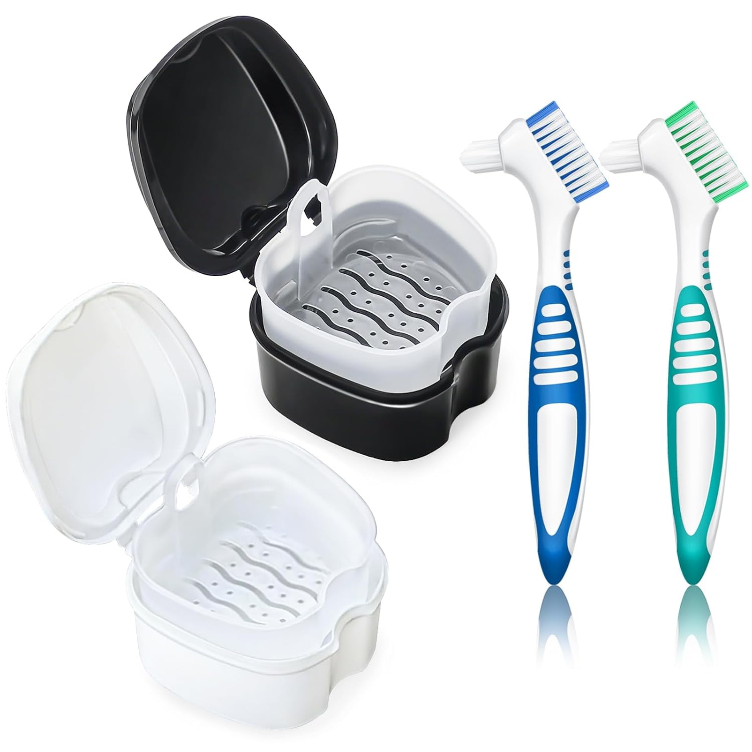 2 Pack Denture Cup Denture Bath Holder Case with Strainer Basket ...