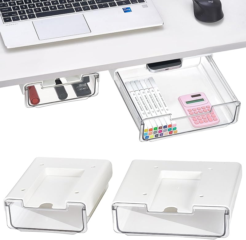 2 Pack Under Desk Hanging Drawer Slide Pull Out, Attachable Clear ...