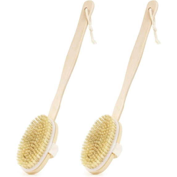 2 Pack Detachable Bath Bristle Brush, Wood Long Handle Dry Brushing ...