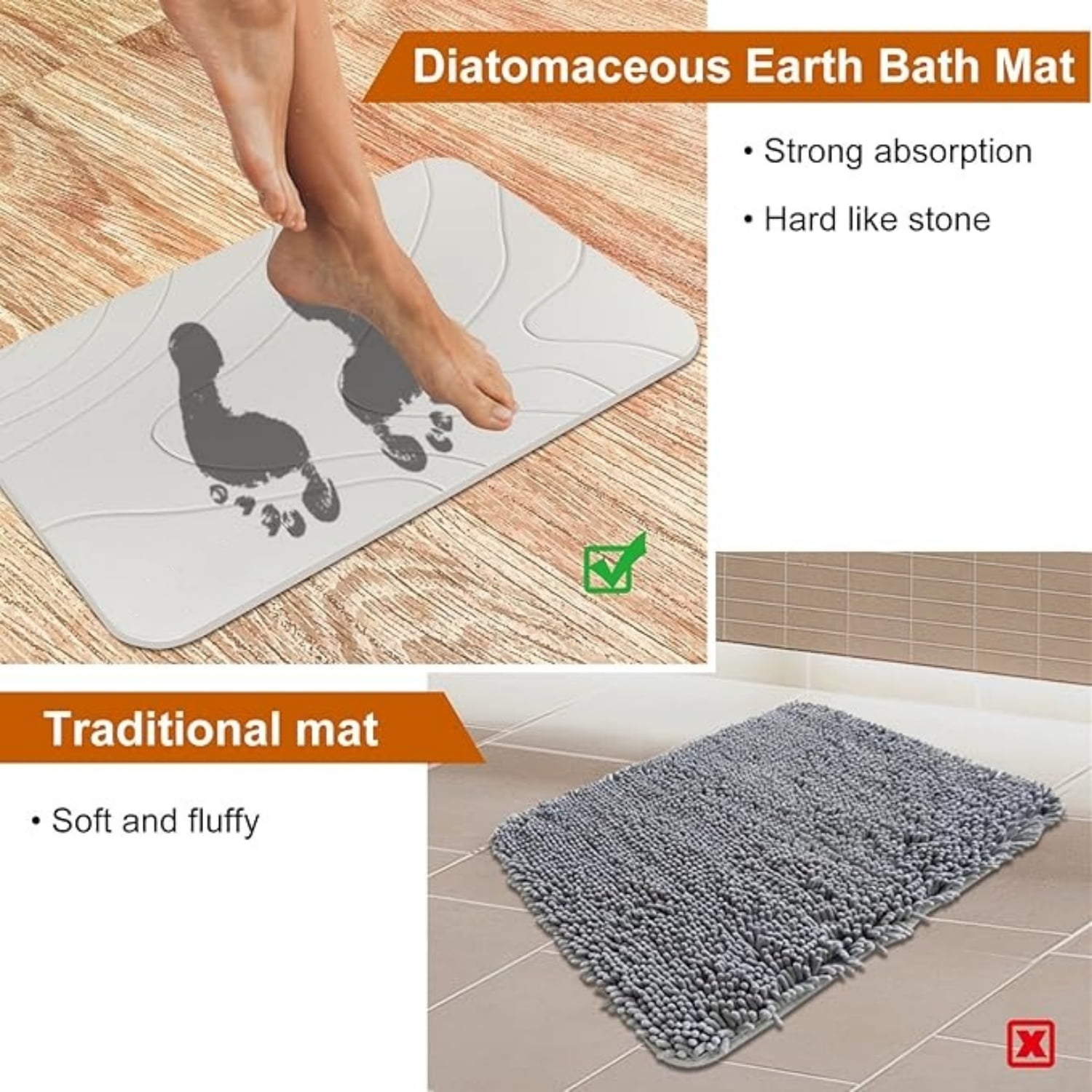2 Pack Diatomaceous Earth Shower Mat, Stone Bath Mat, Nonslip Super ...