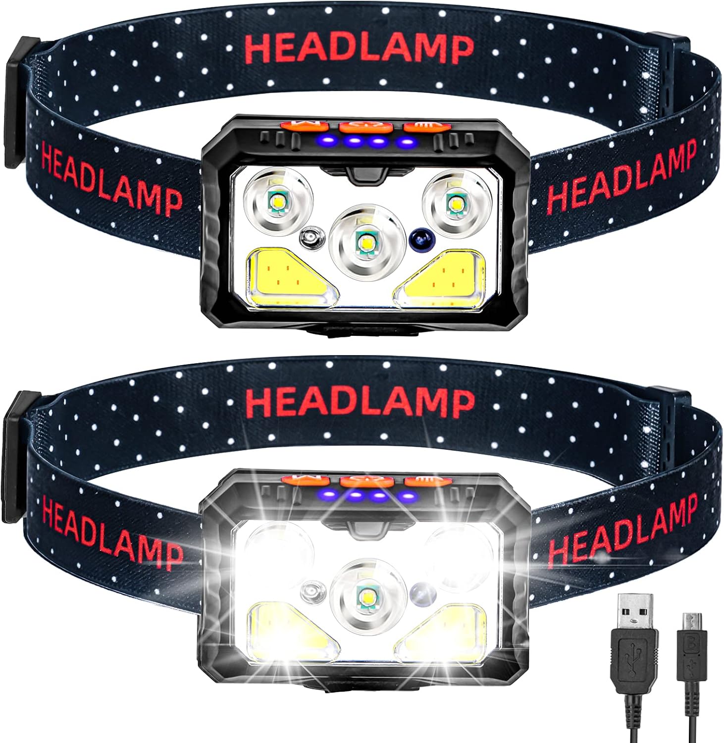 2 Pack Digits Sensor Headlamp 6 Light Mode LED Rechargeable Headlight ...