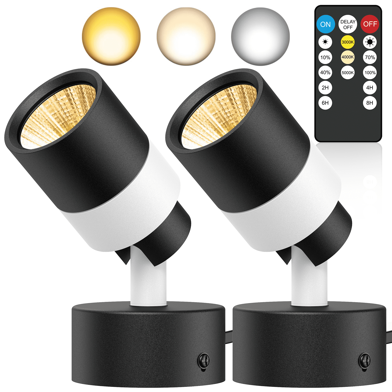 2 Pack Dimmable 5W Adjustable LED Spotlights with Remote, Timer, 3000K ...