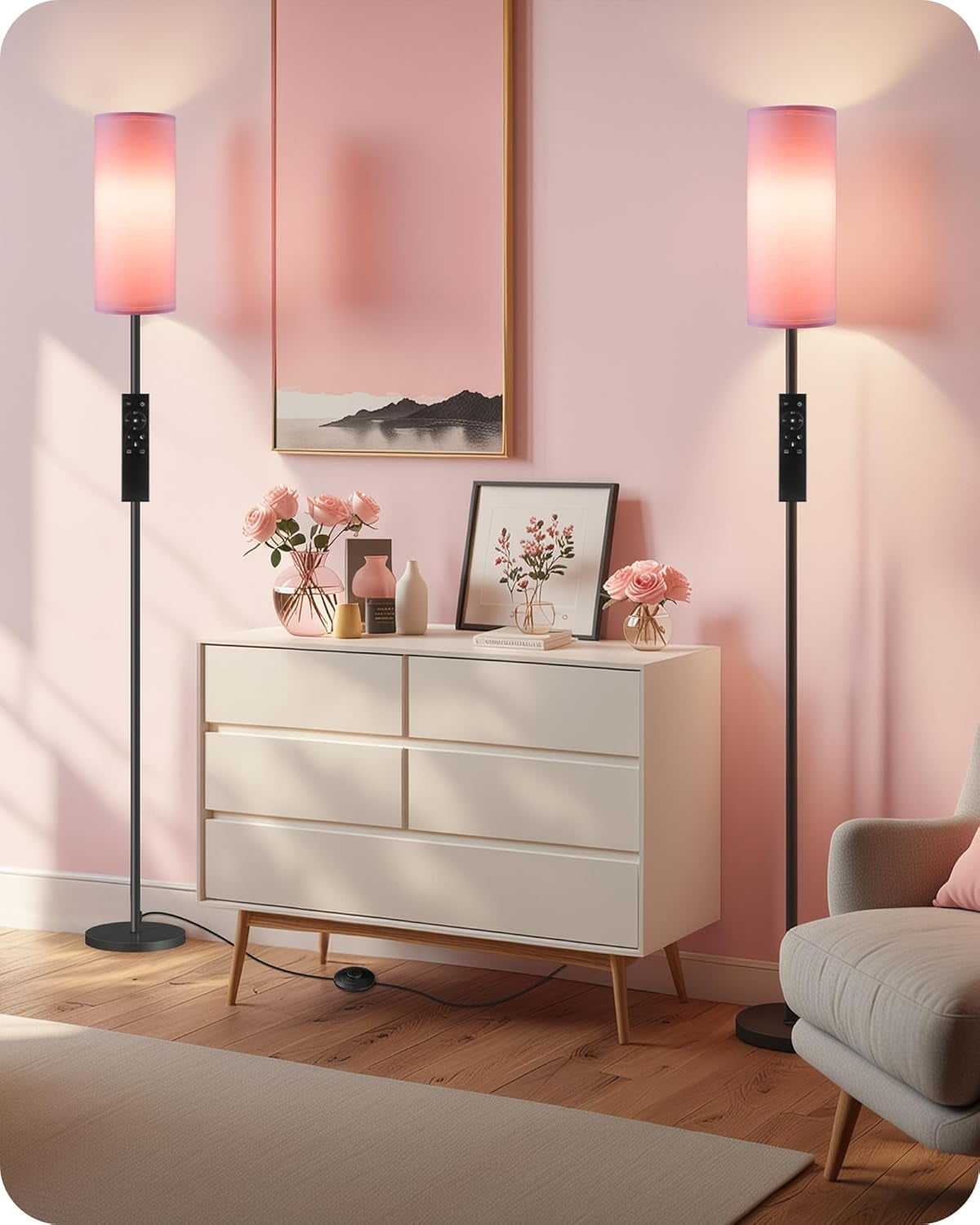 2 Pack Dimmable Pink Floor Lamps for Living Room with 2 Remotes and ...