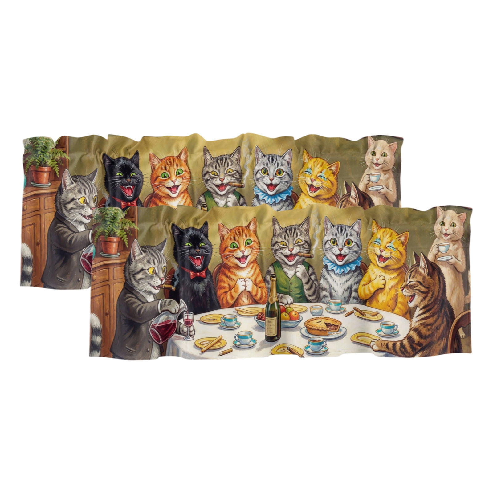2 Pack Dining Cats Valance for Window Whimsical Animals Funny Abstract ...
