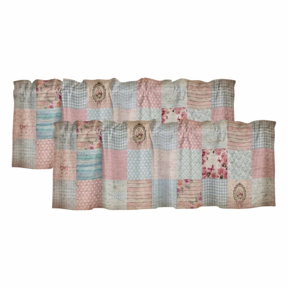 2 Pack Distressed Patchwork Valance for Window Pink Blue Vintage Script ...