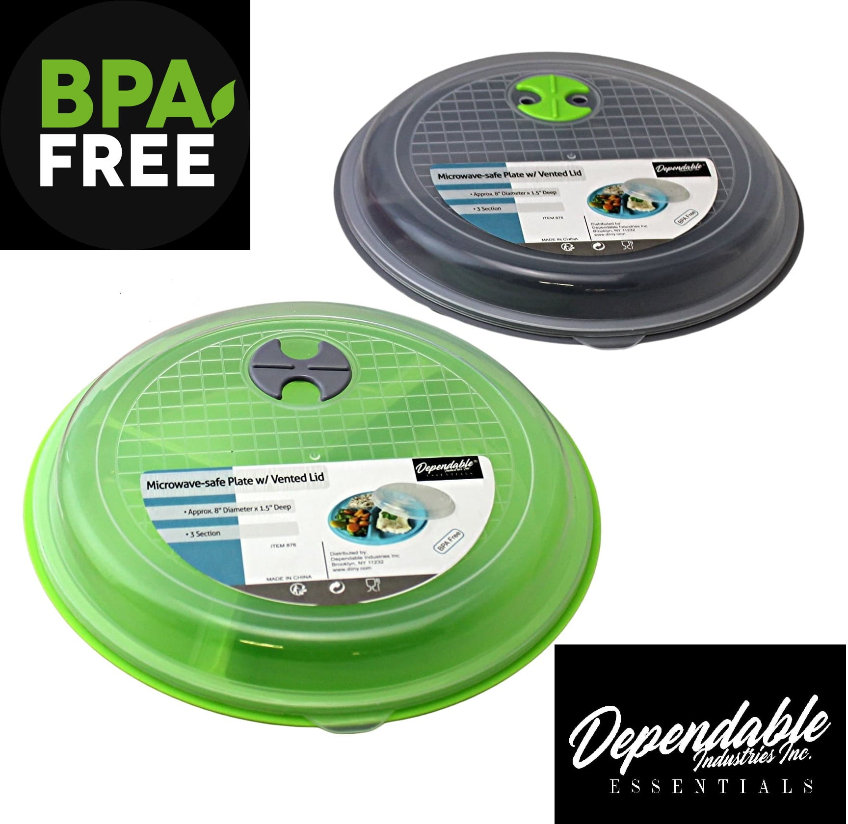 2 Pack BPA Free Plastic Divided Plates with Vented Lids - Microwave ...