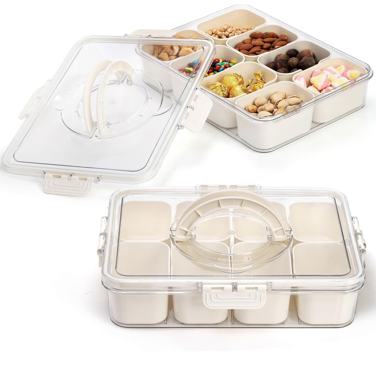 2 Pack Divided Serving Tray with Lid and Handle, 8 Compartment Sealed ...