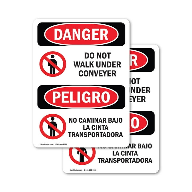(2 Pack) Do Not Walk Under Conveyor Bilingual OSHA Danger Sign ...