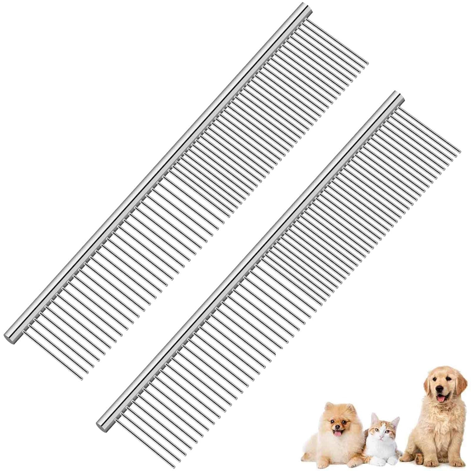 2 Pack Dog Grooming Comb Pet, Stainless Steel Cat Combs with Rounded ...