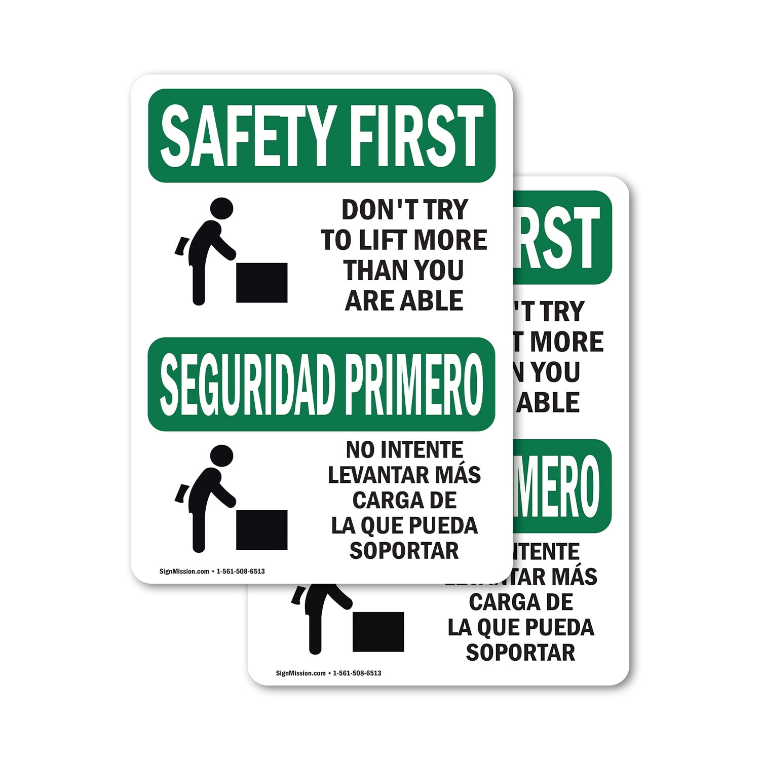(2 Pack) Don't Try To Lift More Than Bilingual OSHA Safety First Sign ...