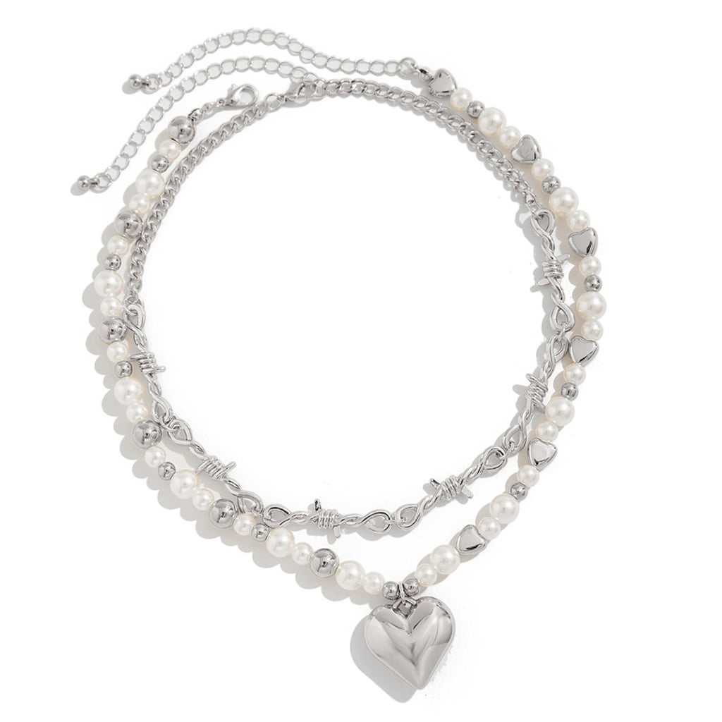 2 Pack Double Layer Chain Necklace Heart Pendant Necklace Alloy Texture ...