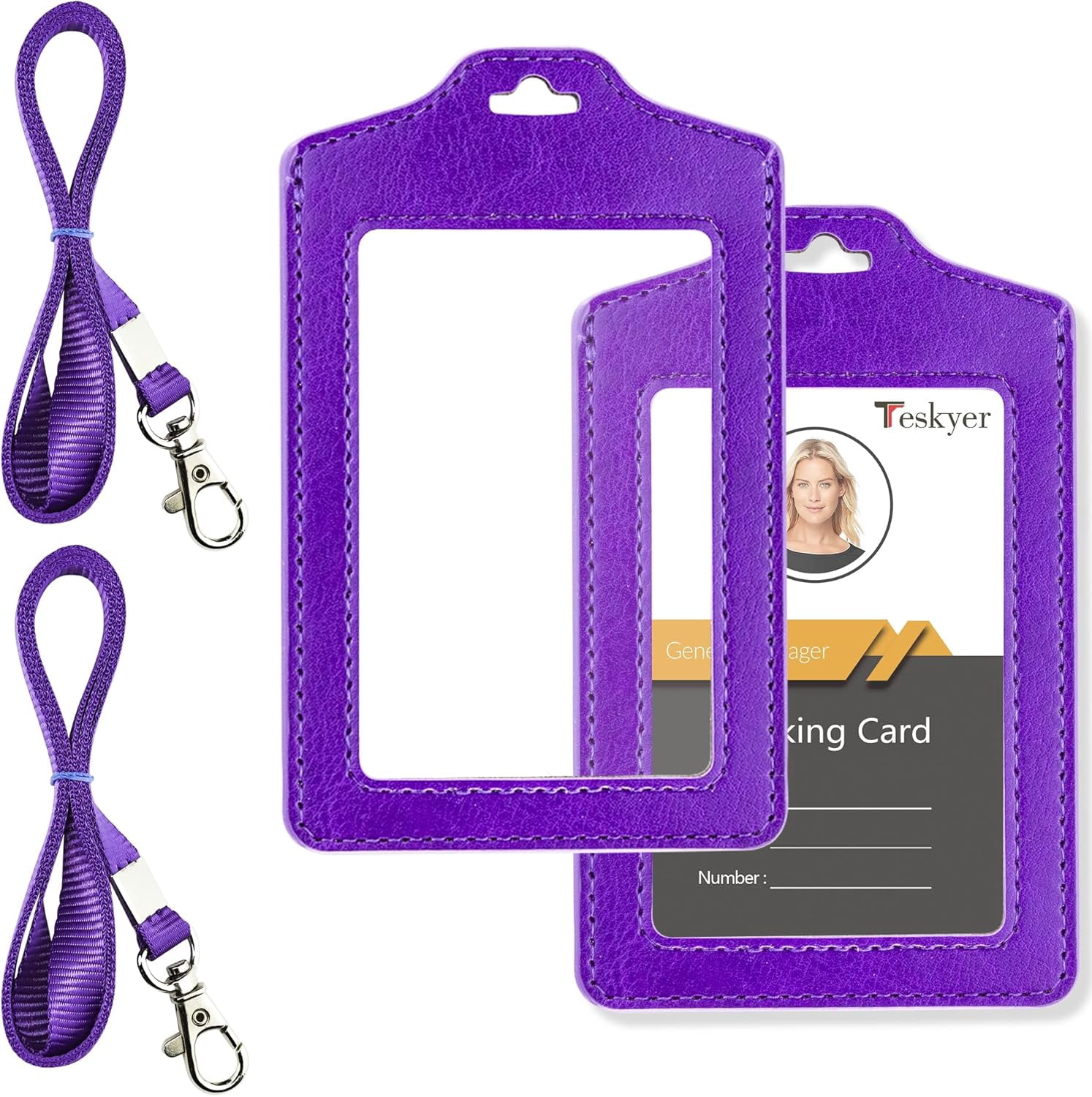 2 Pack of Double Sided Clear Badge Holder with Lanyard, PU Leather ID ...