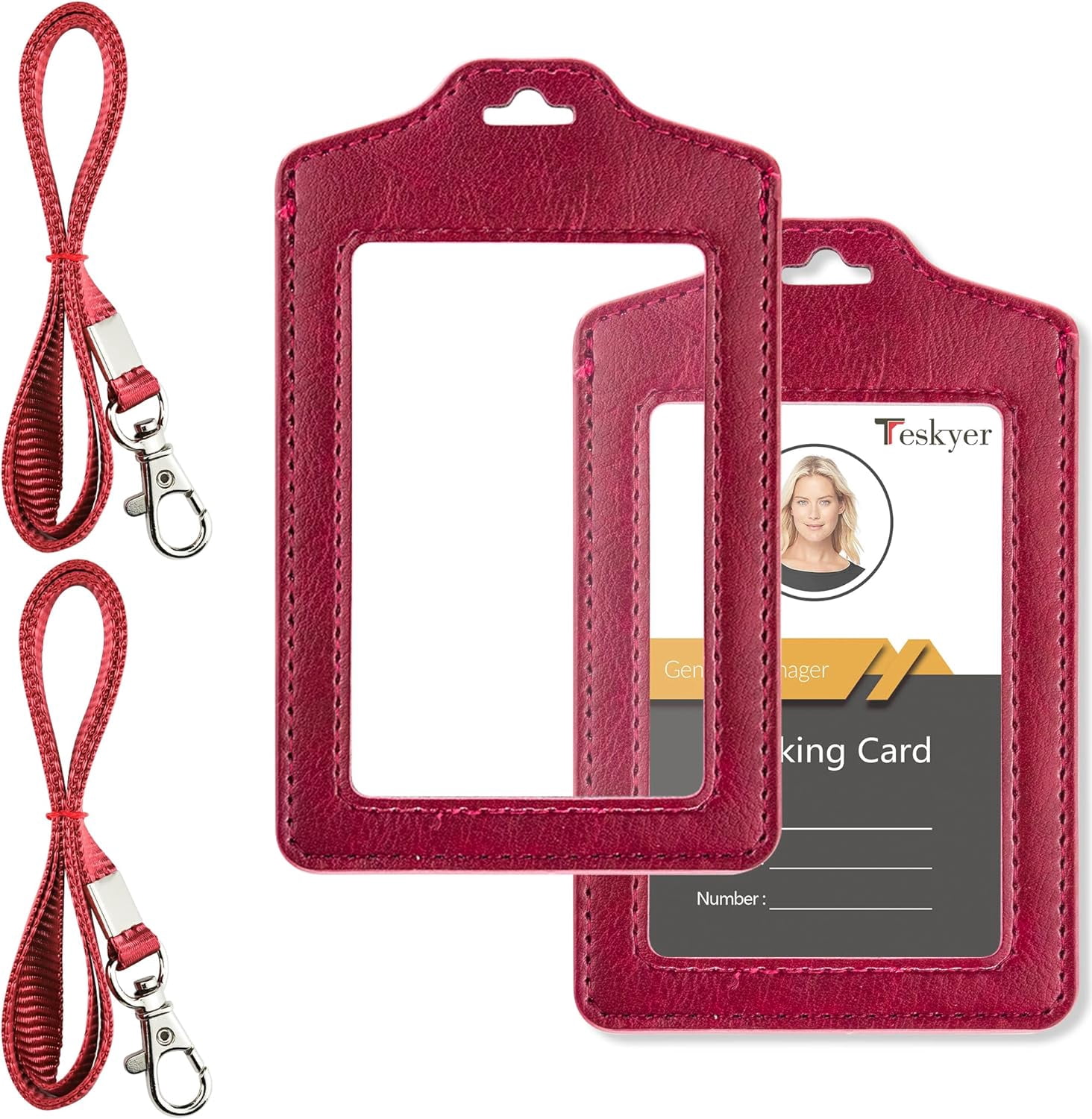 2 Pack Double Sided Clear Badge Holder with Lanyard, PU Leather ID ...