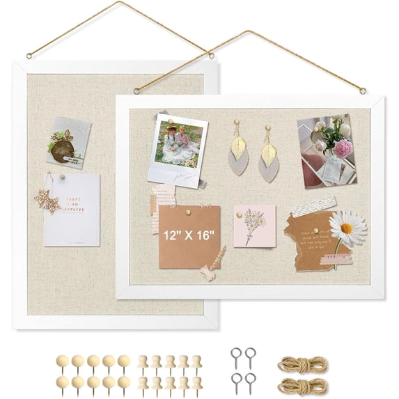 2-Pack Double-Sided Cork Board with Linen, 16" x 12" Hanging Wood ...