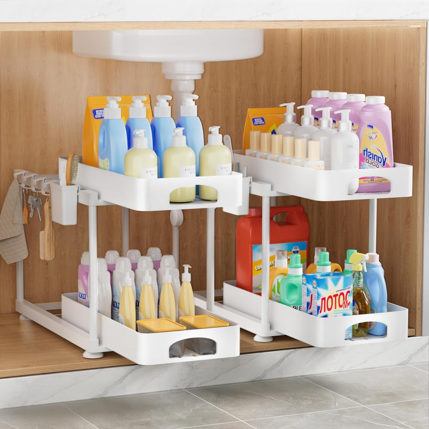 2 Pack Double Sliding Under Sink Organizers and Storage, 2 Tier ...