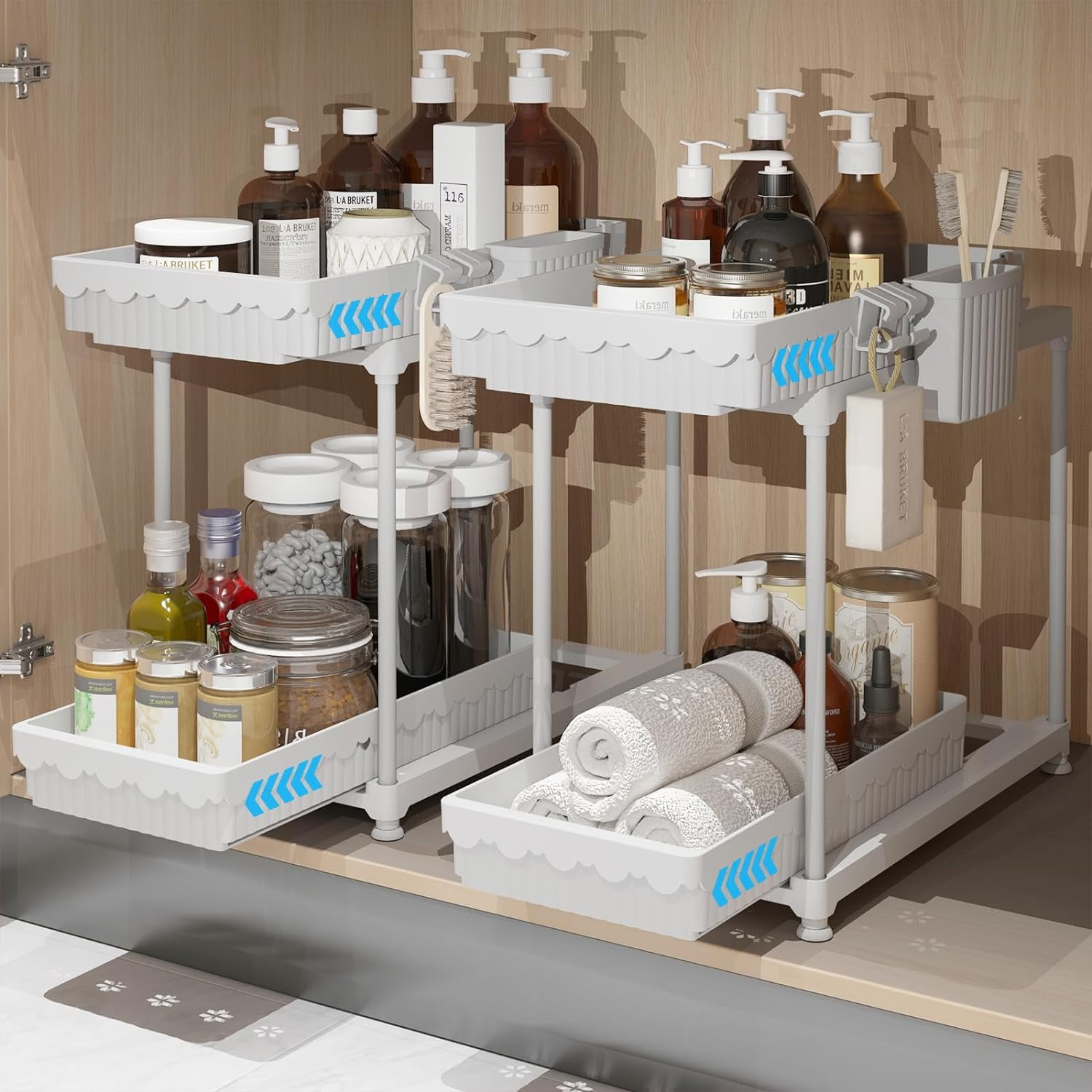 2 Pack Double Sliding Under Sink Organizers and Storage, 2 Tier Under ...