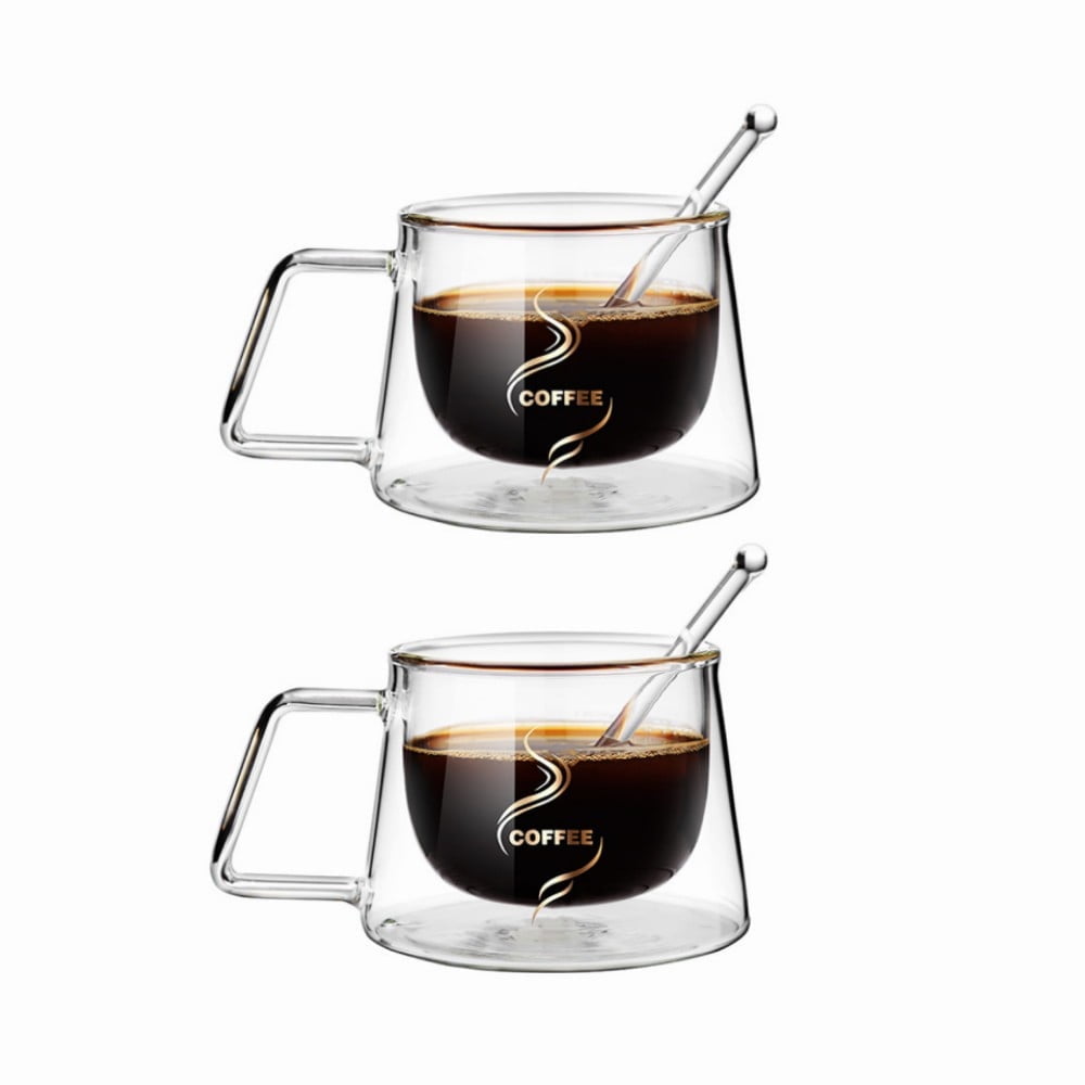 2 Pack Double Wall Coffee Mug, Happon Clear Glass Coffee Cups with ...