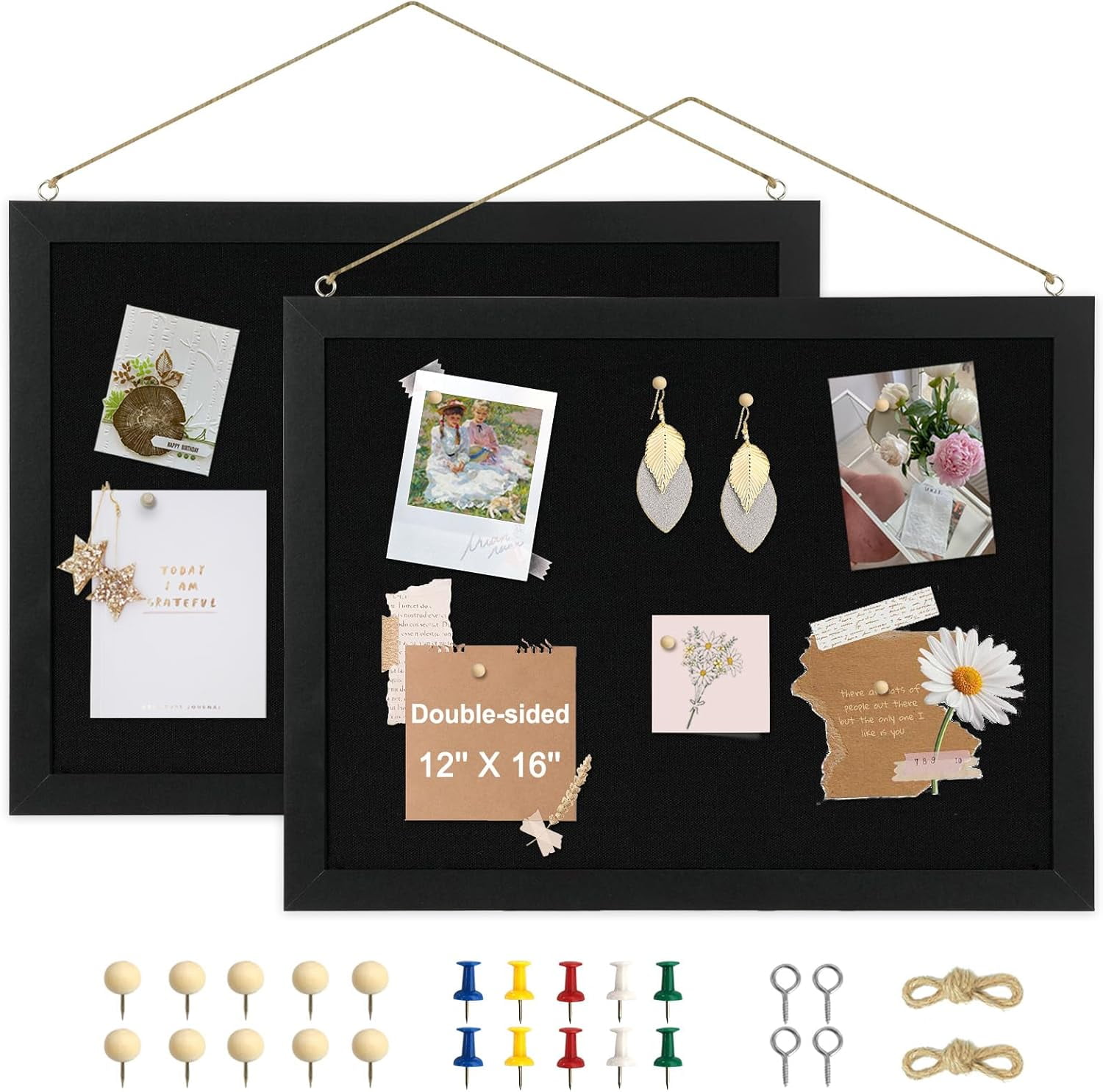 2-Pack Double-sided Black Cork Board with Linen, 16" x 12" Hanging Wood ...