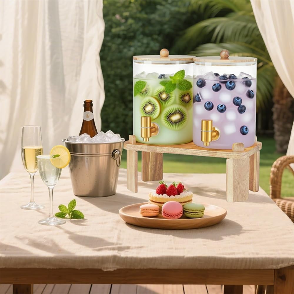 2 Pack Drink Dispenser with Wood Stand, Glass Beverage Dispenser with ...