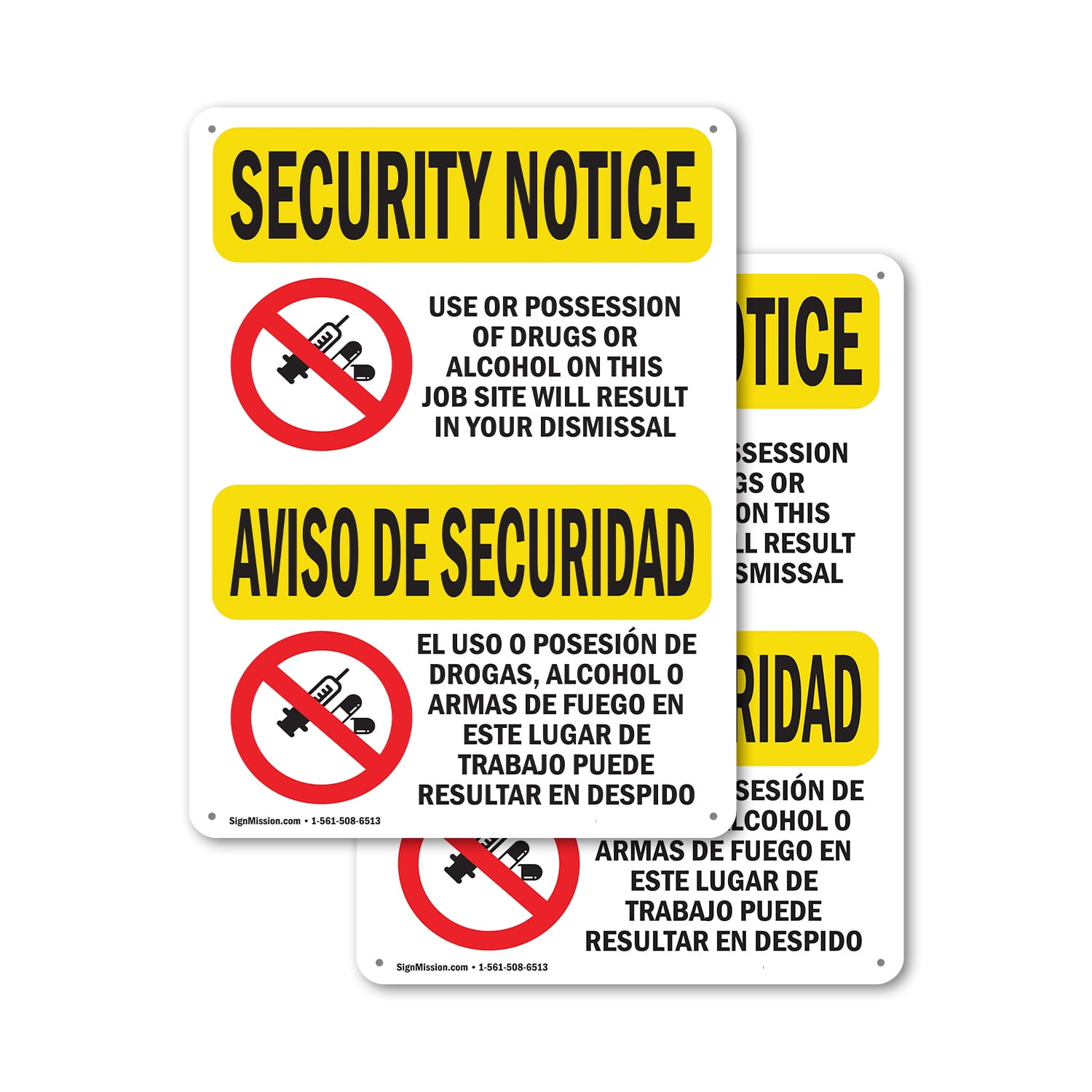 (2 Pack) Drugs Or Alcohol Dismiss Bilingual OSHA Security Notice Sign ...