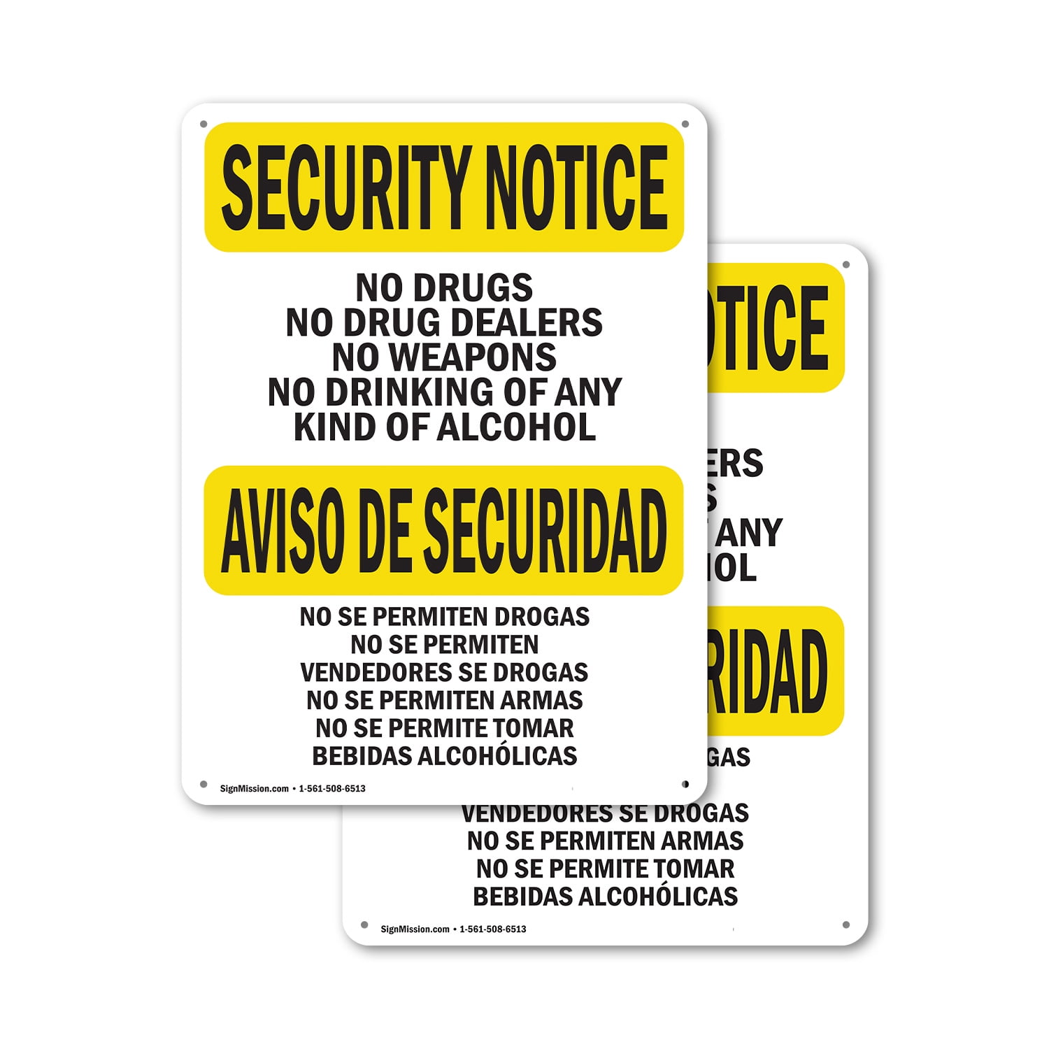(2 Pack) No Drugs Dealers Weapons Bilingual OSHA Security Notice Sign ...