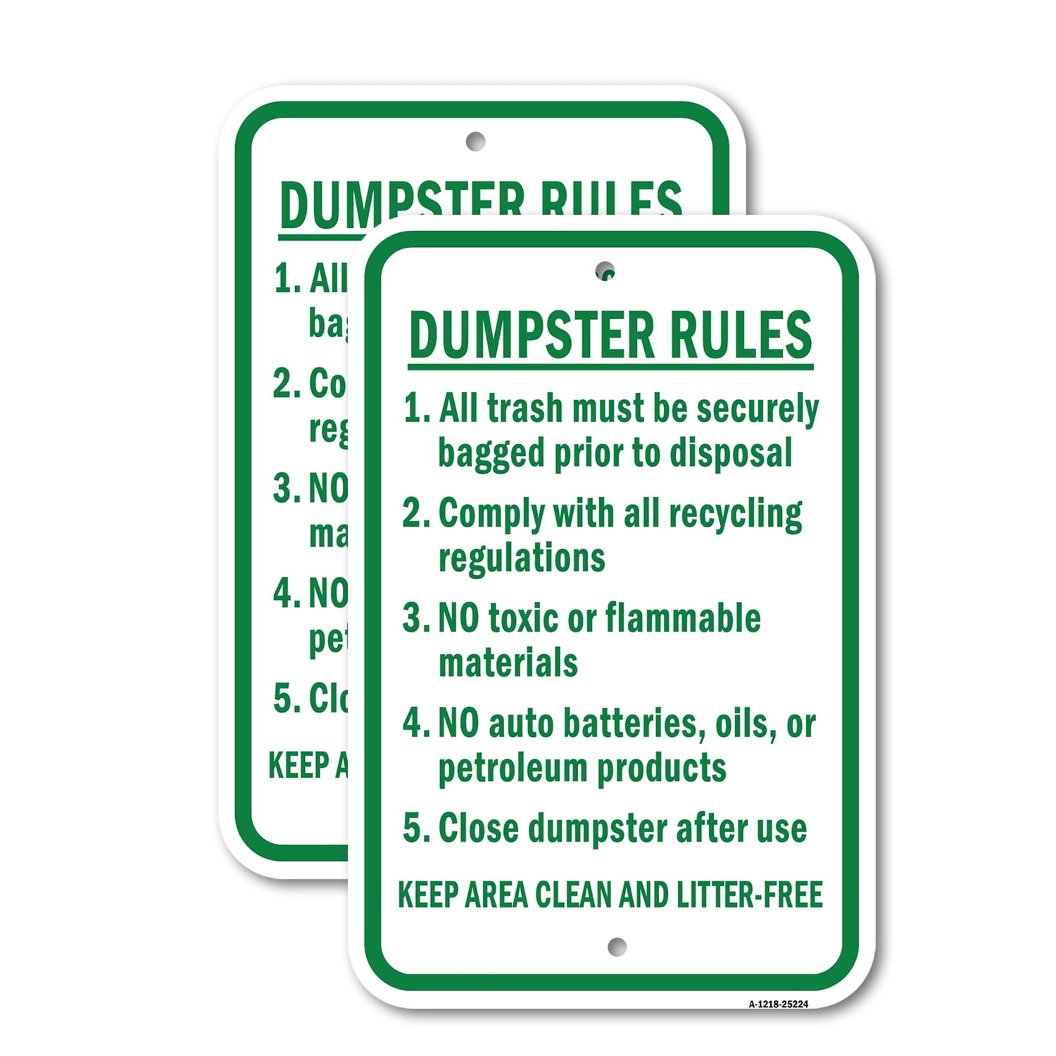 (2 Pack) Dumpster Rules 1. All Trash Must Be Securely Bagge | 12" X 18" Heavy-Gauge Aluminum ...