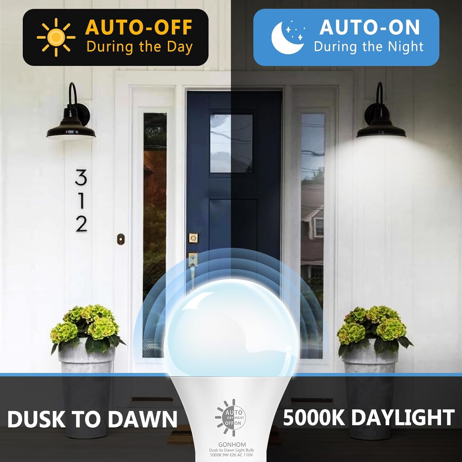 2 Pack Dusk to Dawn Light Bulbs Outdoor, 5000K-Daylight, 720LM, 9W(60W ...