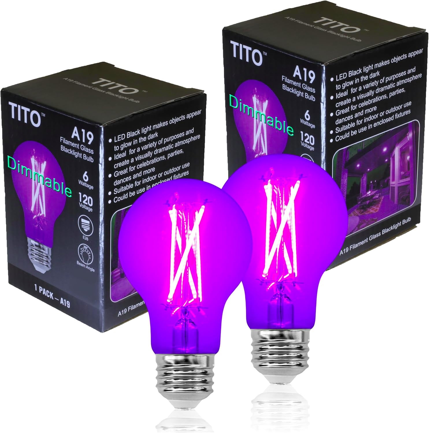 2 Pack E26 A19 Dimmable Filament LED Light Bulbs, UVA 395nm 6W light ...