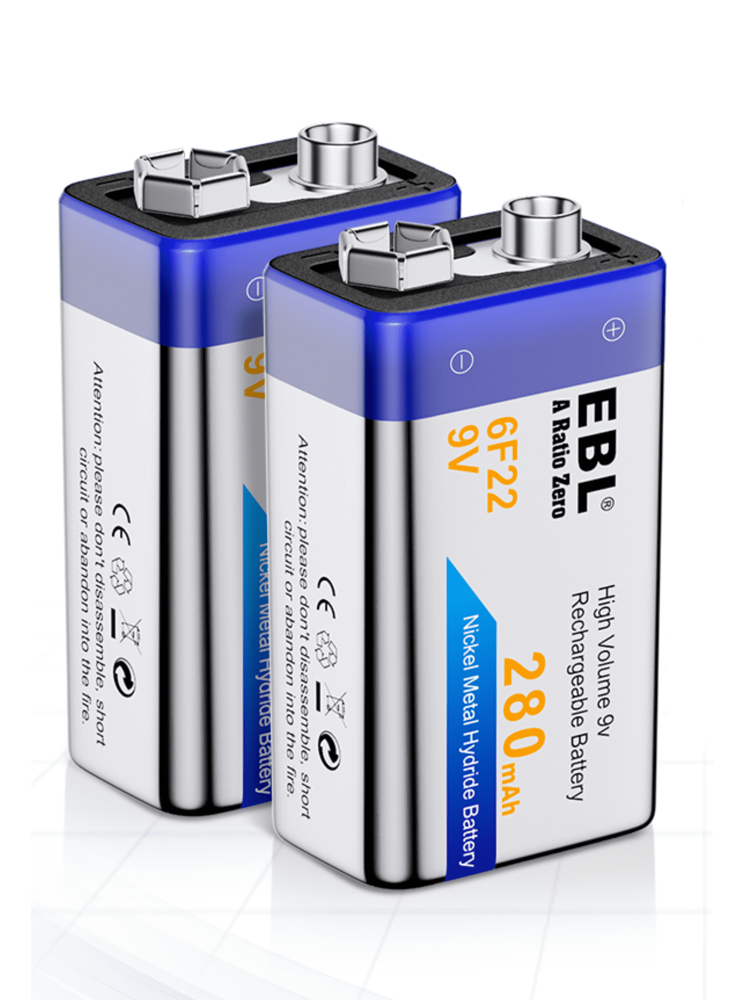 2 Pack EBL 280mAh 9V 6F22 Ni-MH Battery Rechargeable Batteries 9 Volt ...