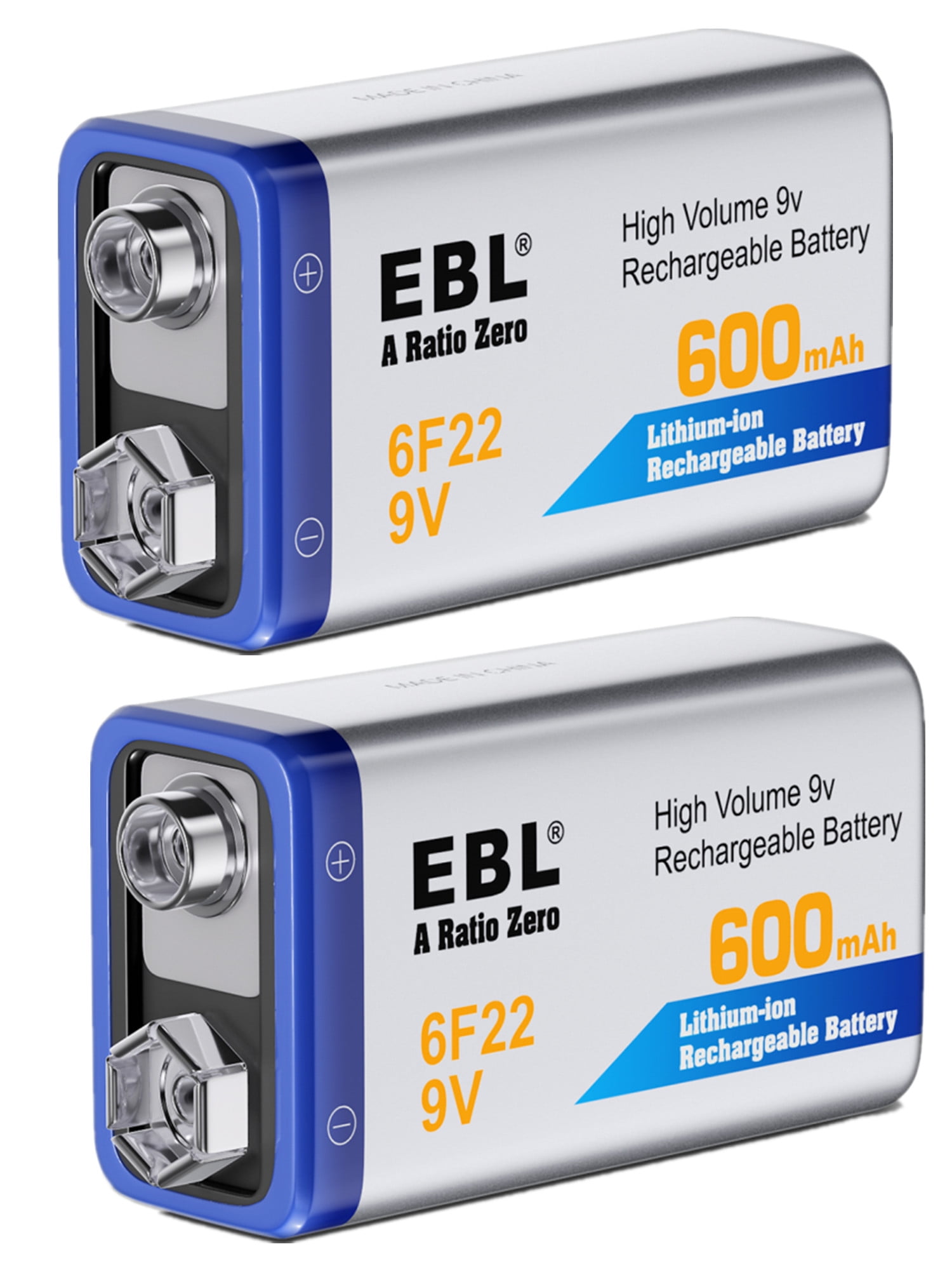 2 Pack EBL 600mAh 9V 6F22 Lithium-ion Rechargeable Batteries 9 Volt Li ...