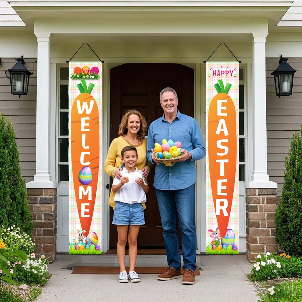 2 Pack Easter Bunny Door Banner, Spring Welcome Sign with Built-in Rod ...