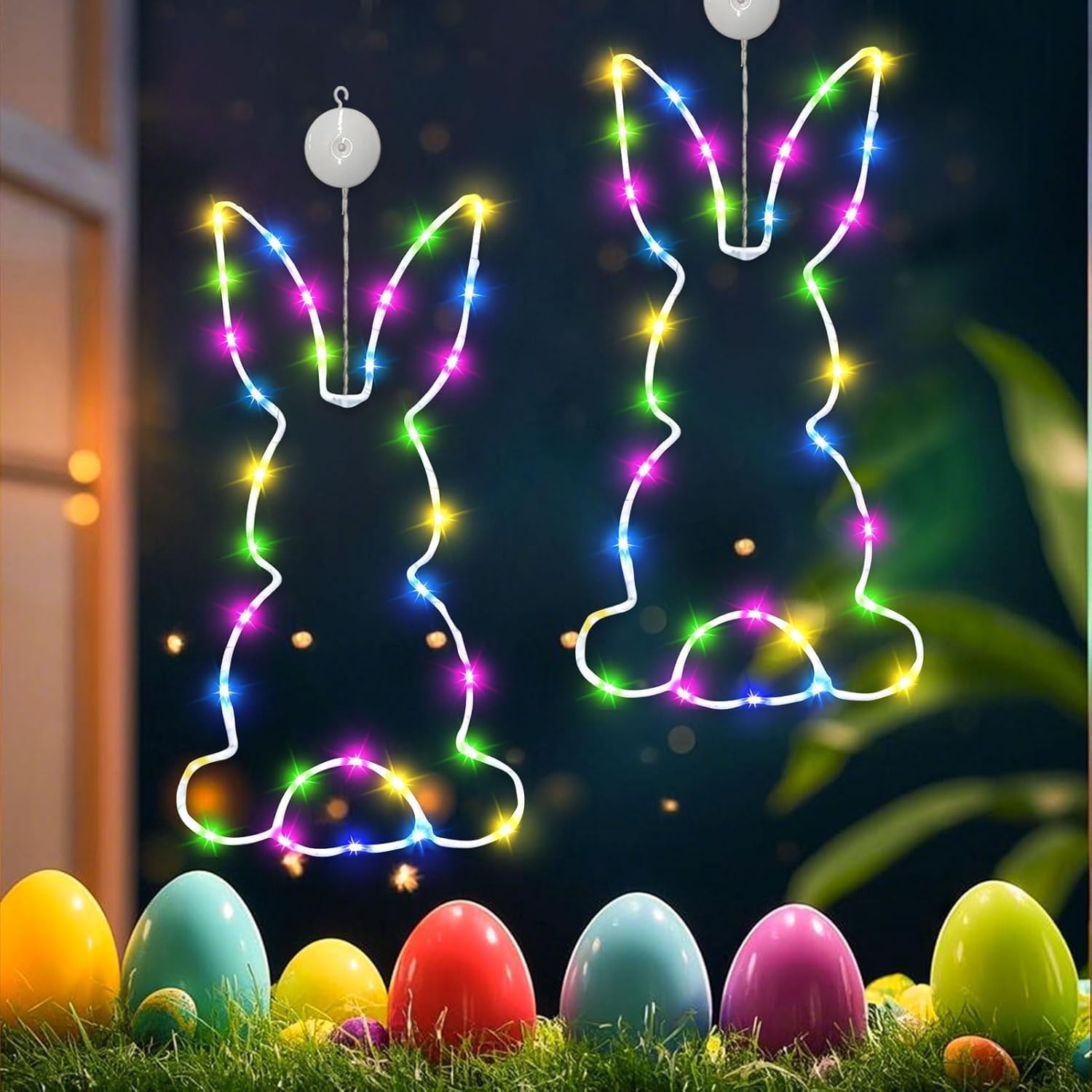 2 Pack Easter Window Lights Decor, LED Lighted Easter Bunny Spring ...