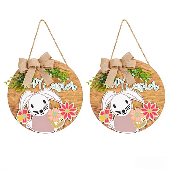 2-Pack Easter Wooden Sign, Happy Easter Door Hanger Round Wood Plaque ...