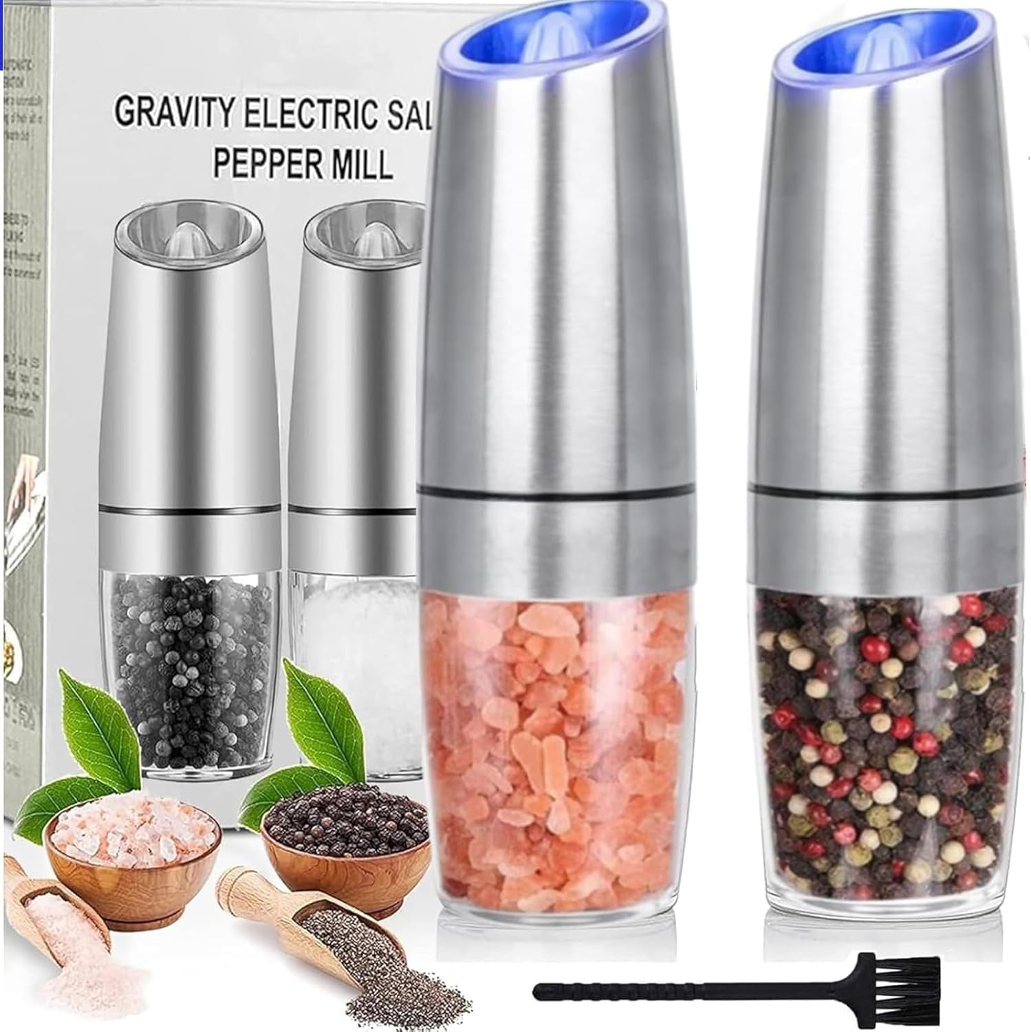 2 Pack Electric Salt and Pepper Grinder Set, Battery Operated Mill ...